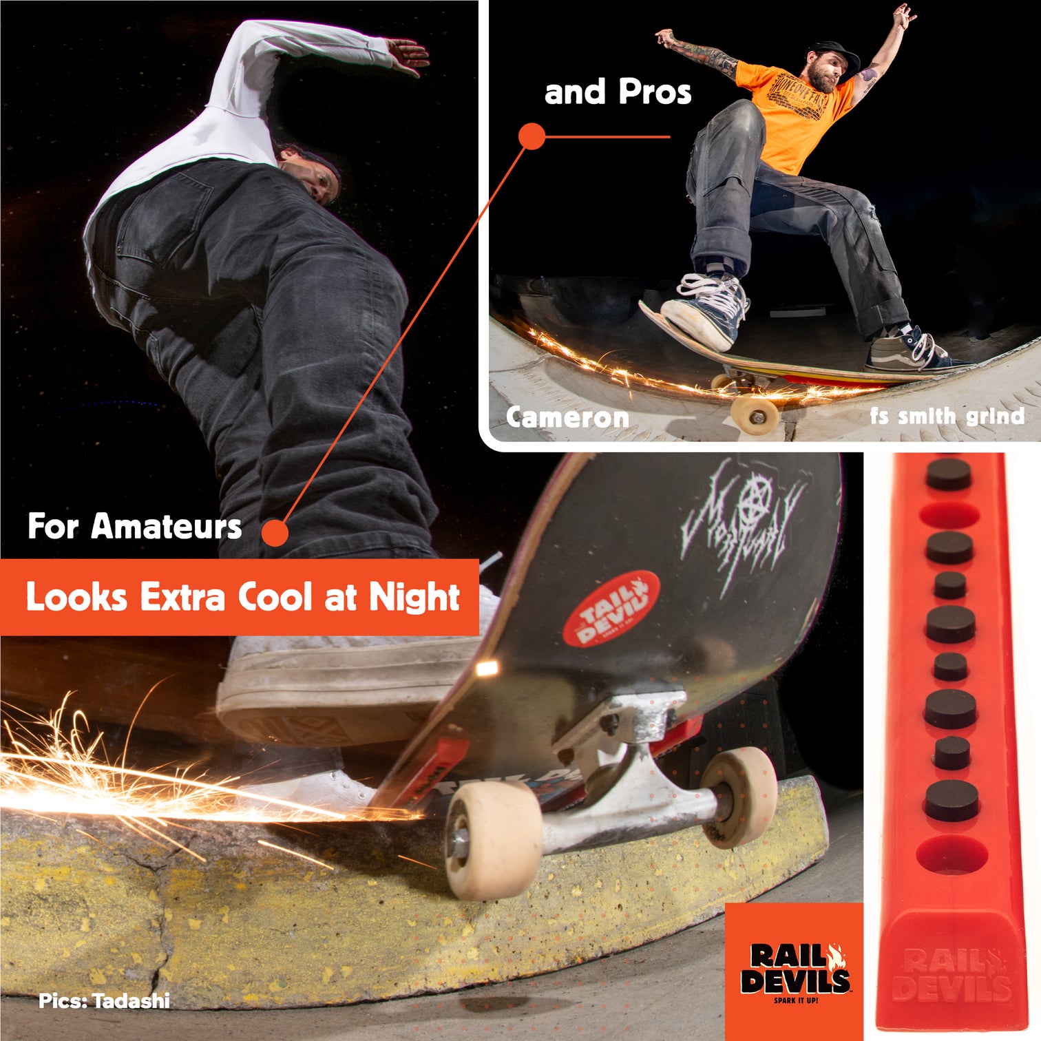 Rail Devils sparking skateboard rails by Tail Devil